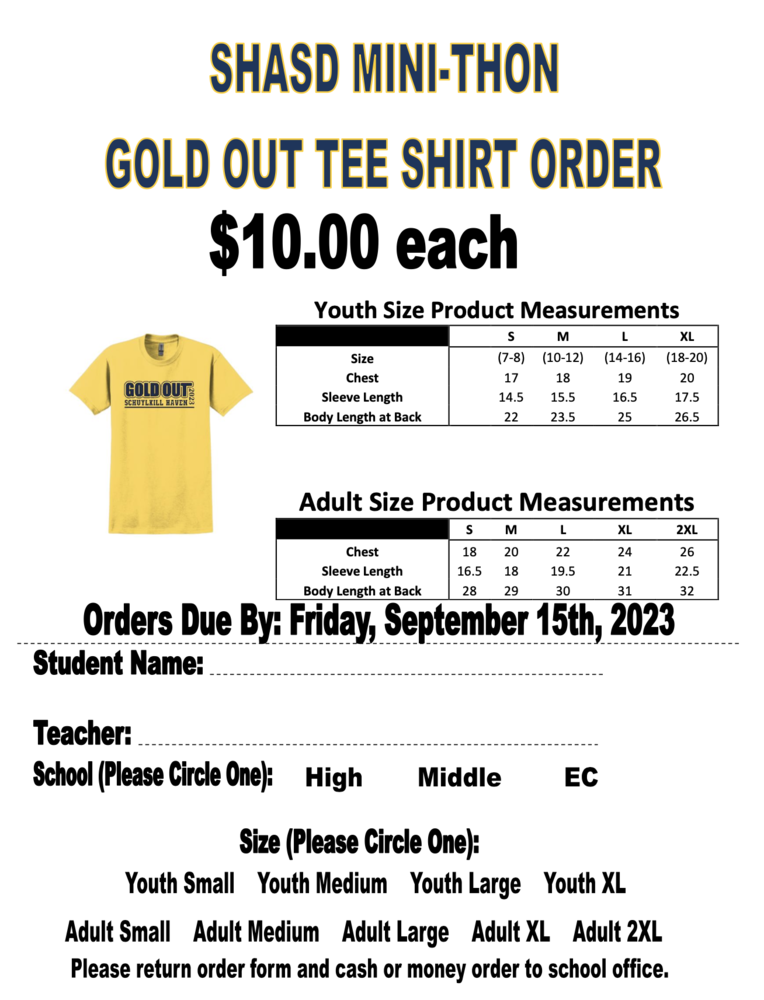 Schuylkill Haven Middle School Mini-Thon Gold Out T-Shirt Order Form ...